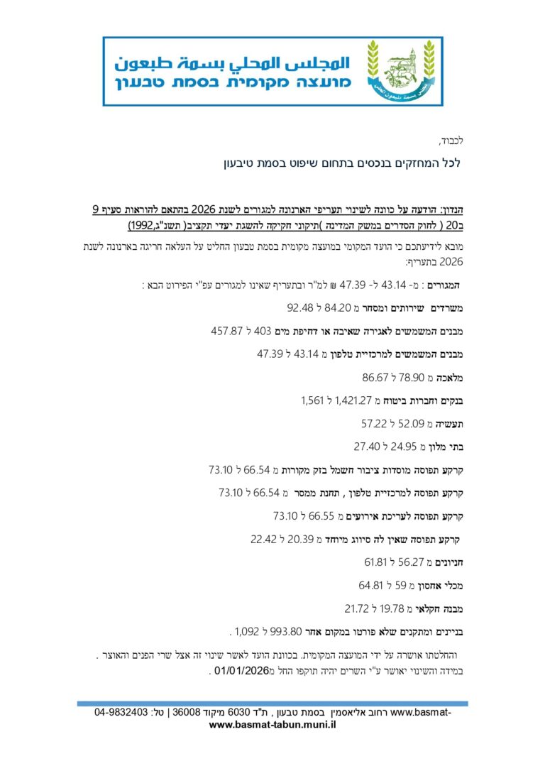הודעה למחזיקי נכסים בתחום שיפוט - מועצה מקומית בסמת טבעון